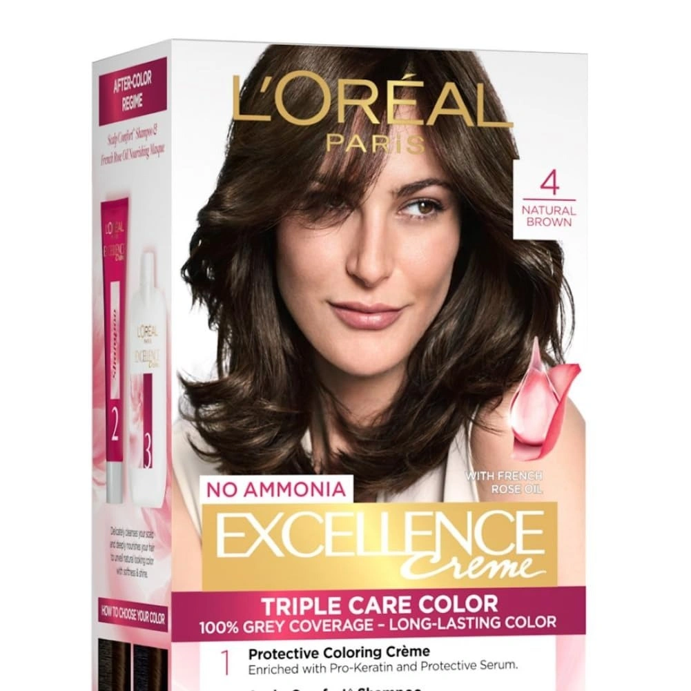 L'Oreal Paris Excellence Creme Hair Color, 4 Natural Brown, 72ml+100g