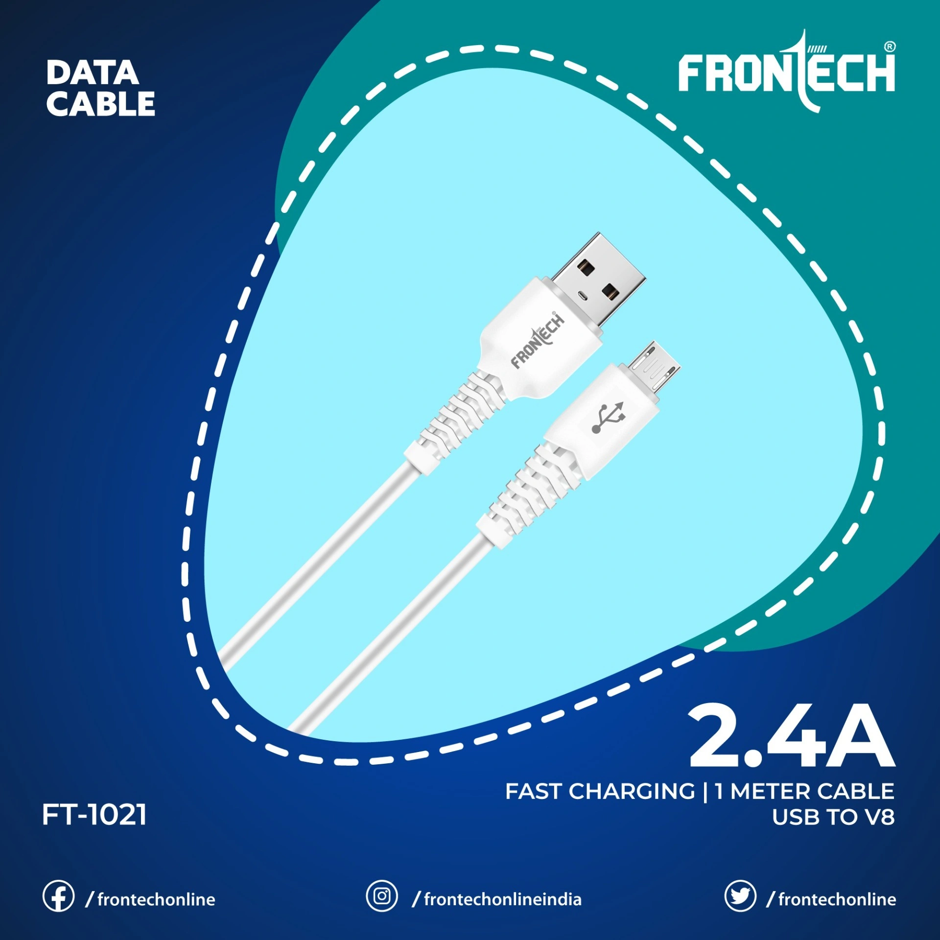 1021- FRONTECH USB PVC CABLE V8 2.4 AMP 4 CORE 1 METER