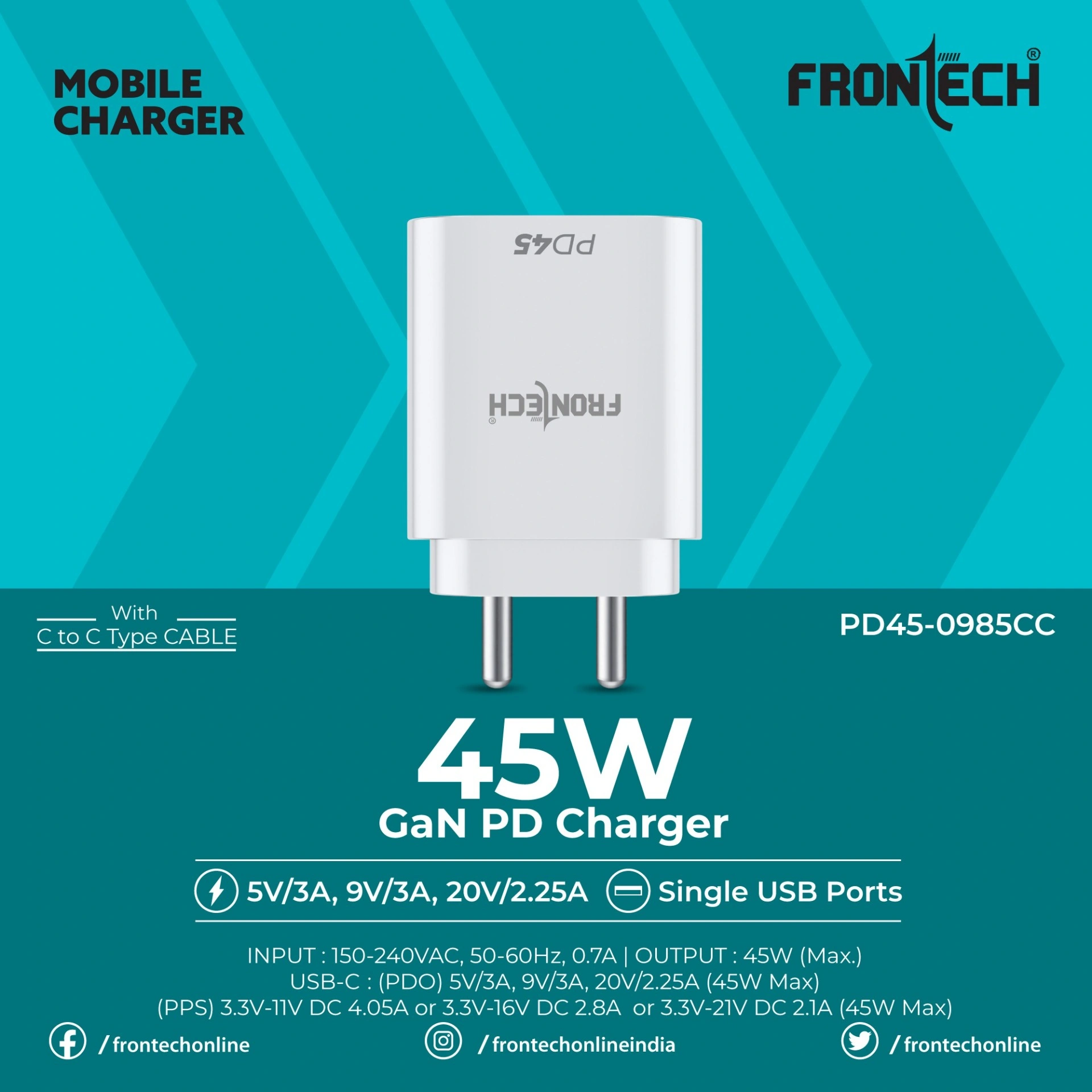 FRONTECH 0985CC- MOBILE CHARGER 45 W PD/PPS WITH C TO C CABLE