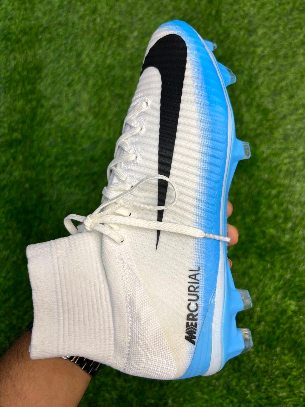 Mercurial Superfly 5 White Sky-blue FG High Top