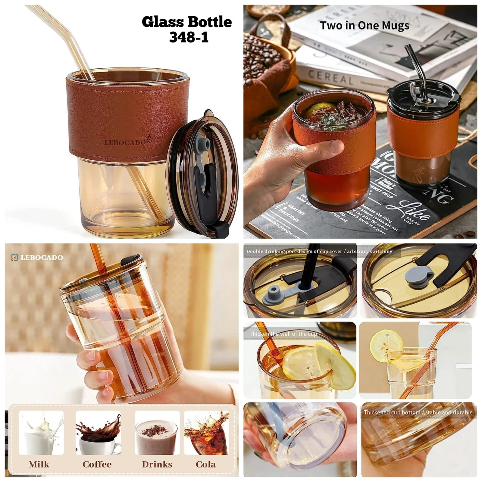 Glass sipper with leather grip cover Spill proof Premium quality. Color ...