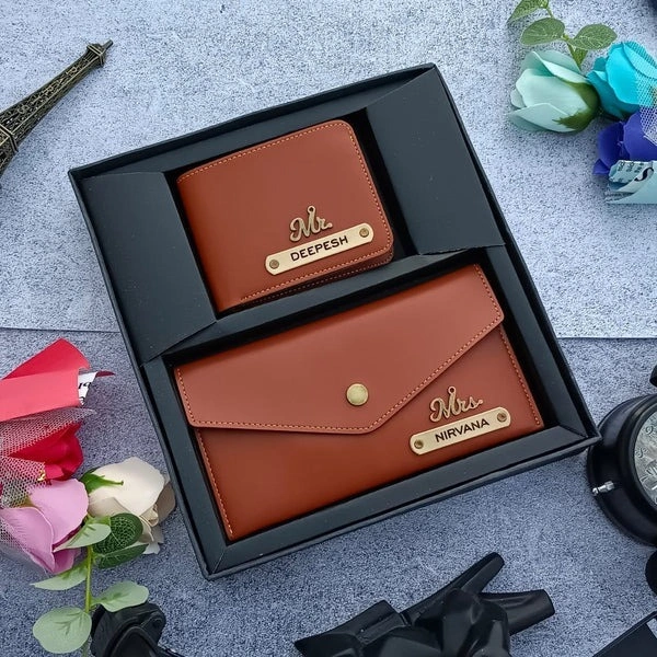 2pc Couple Faux Leather Wallet Set with Name Engraving & Charm ...