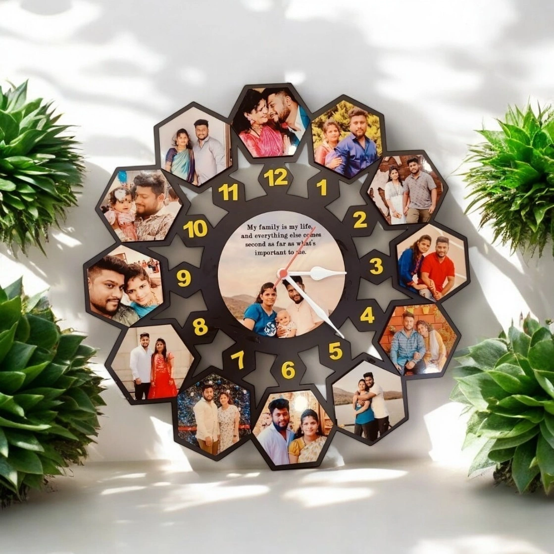 13 Pics With Clock - MDF Wall Collage Frame - Hexa Design
